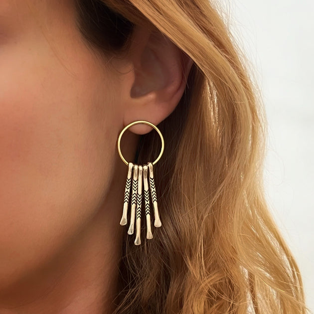 Brass fringed hoop studs – La Femme Boheme